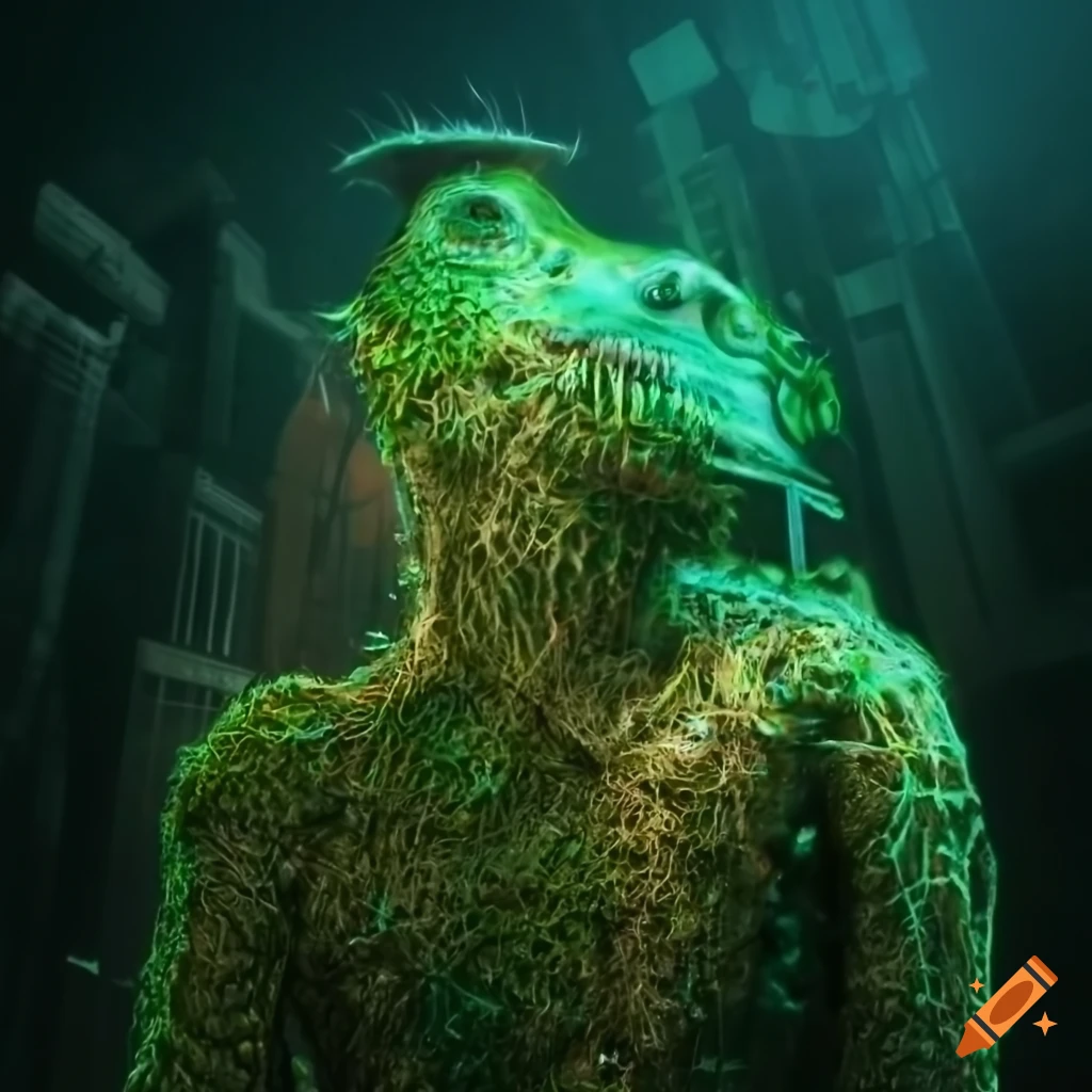 Glowing biopunk cityscape with mutant omega mart lemon fruit monsters ...