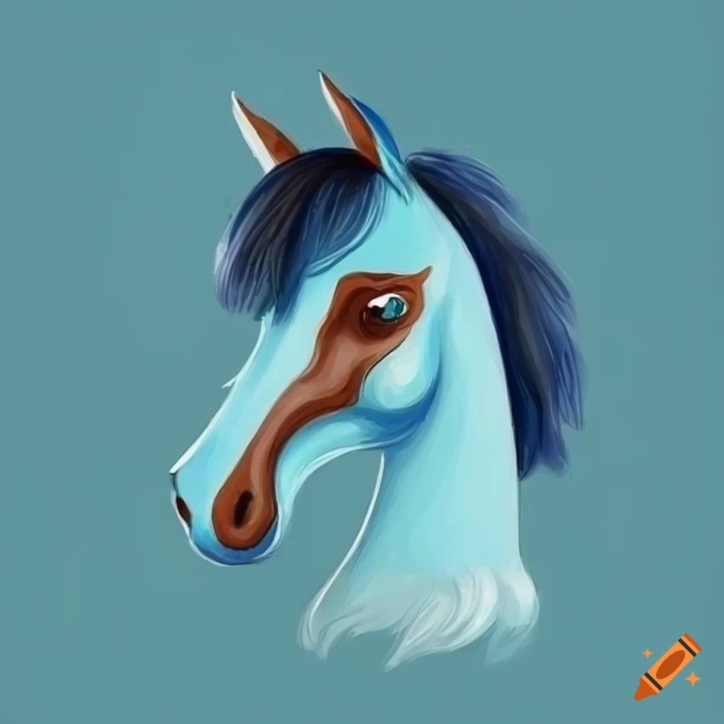 Pastel blue cartoon horse with playful details and dark brown mane on ...