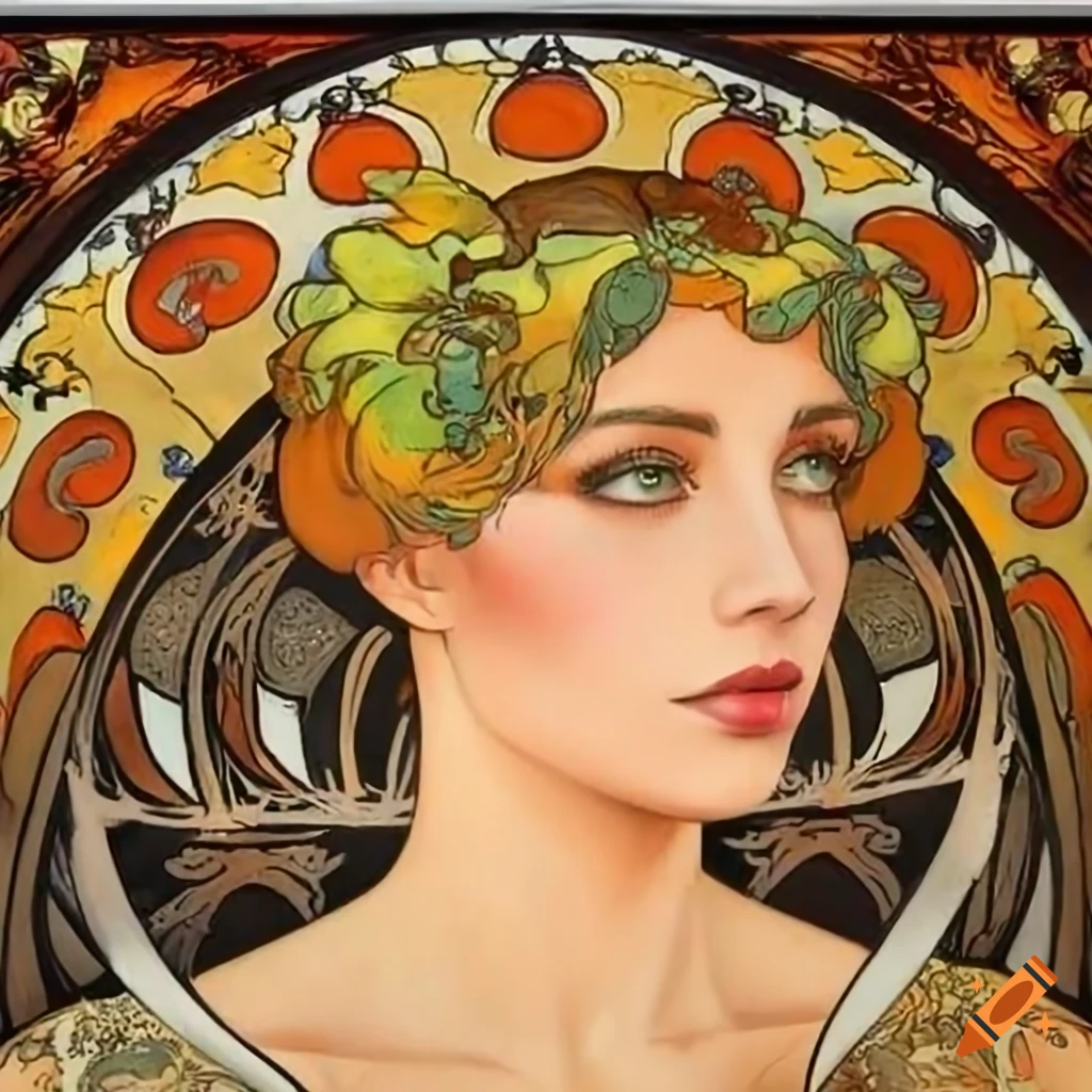 Woman with prominent lashes and large eyes in mucha style artwork on ...