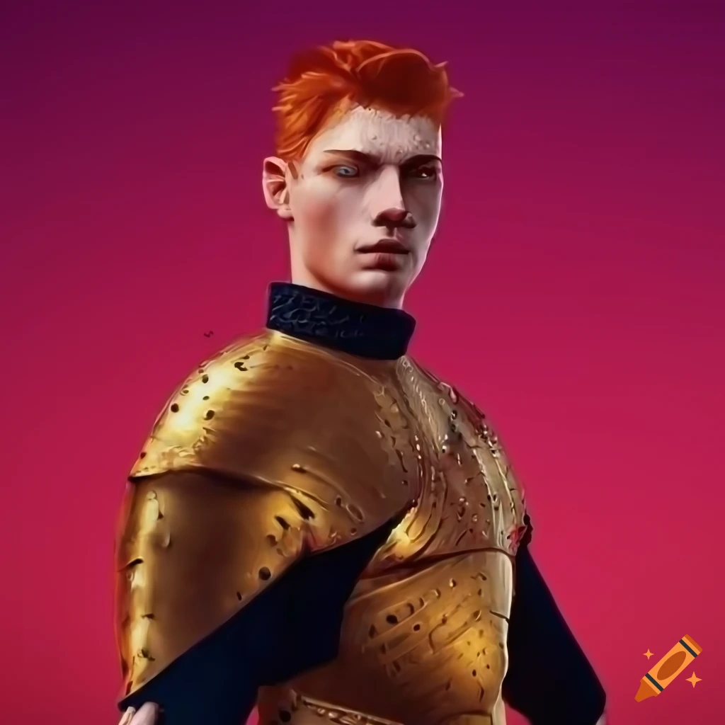 Strong male in gilded plate armor with fiery red hair, photorealistic ...