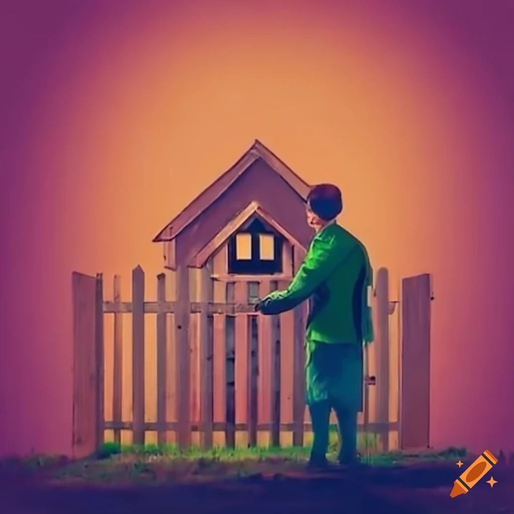 Man fortifying his home with a wooden picket fence on Craiyon