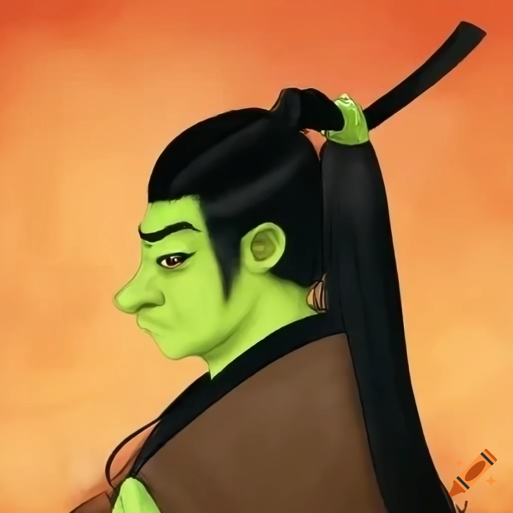 Angry shrek with long black hair and a sword in ukiyo-e style on Craiyon