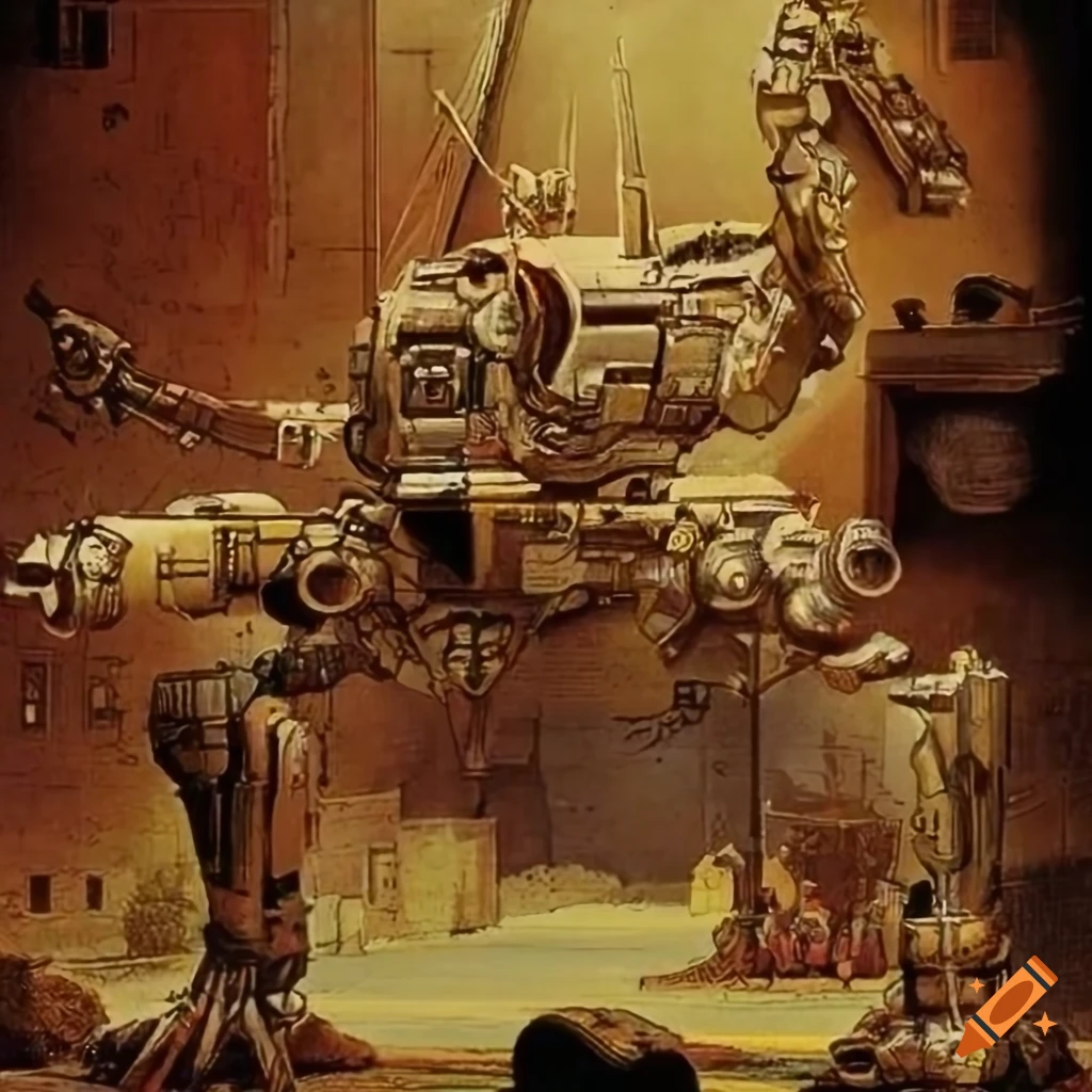 Intricate details of a vintage Mech poster inspired by James Gurney and ...