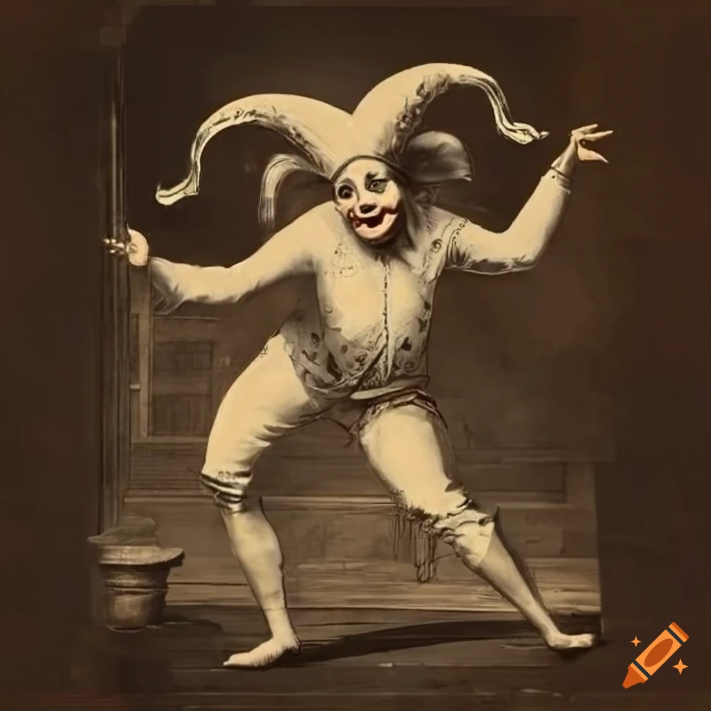 Jester performing an acrobatic cartwheel in an antique image on Craiyon