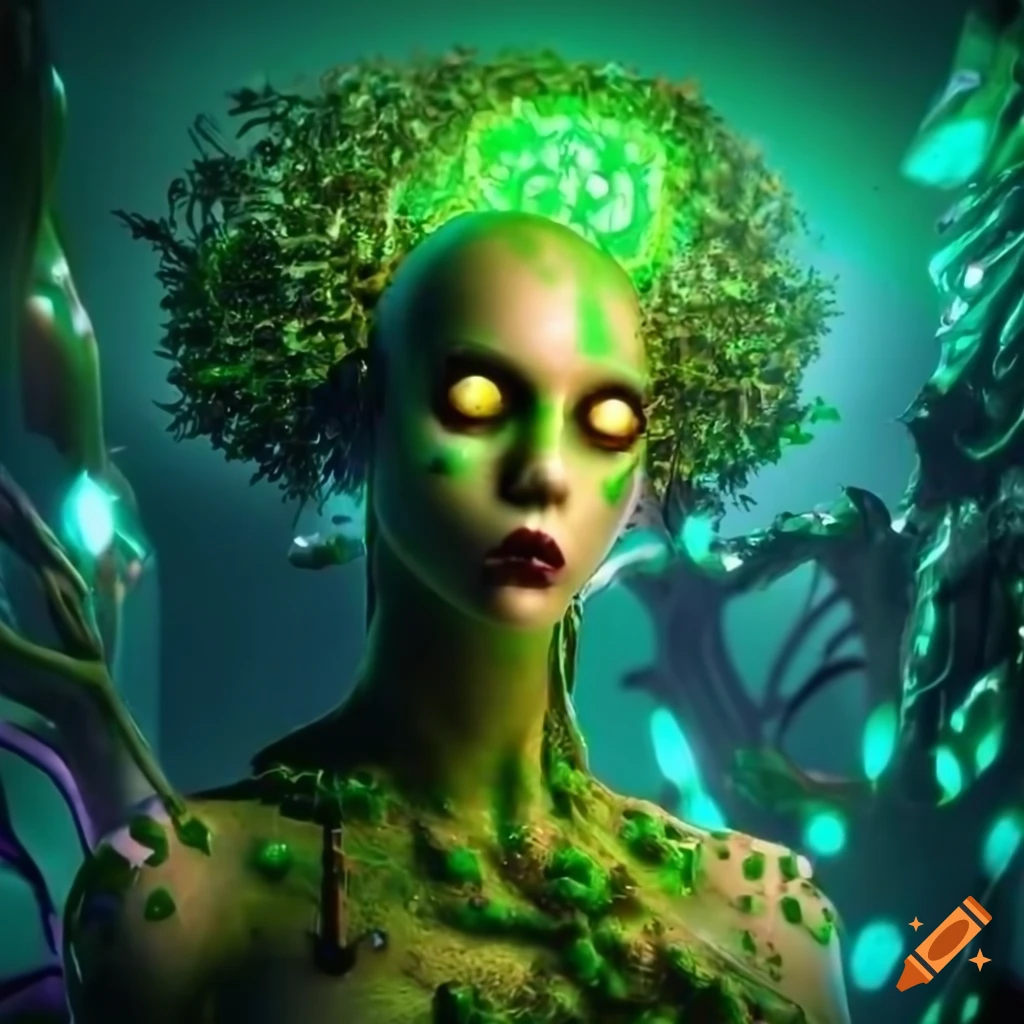 Glowing biopunk cityscape with green moss, plants, mushrooms, crystals ... Glowing biopunk cityscape with green moss, plants, mushrooms, crystals ...