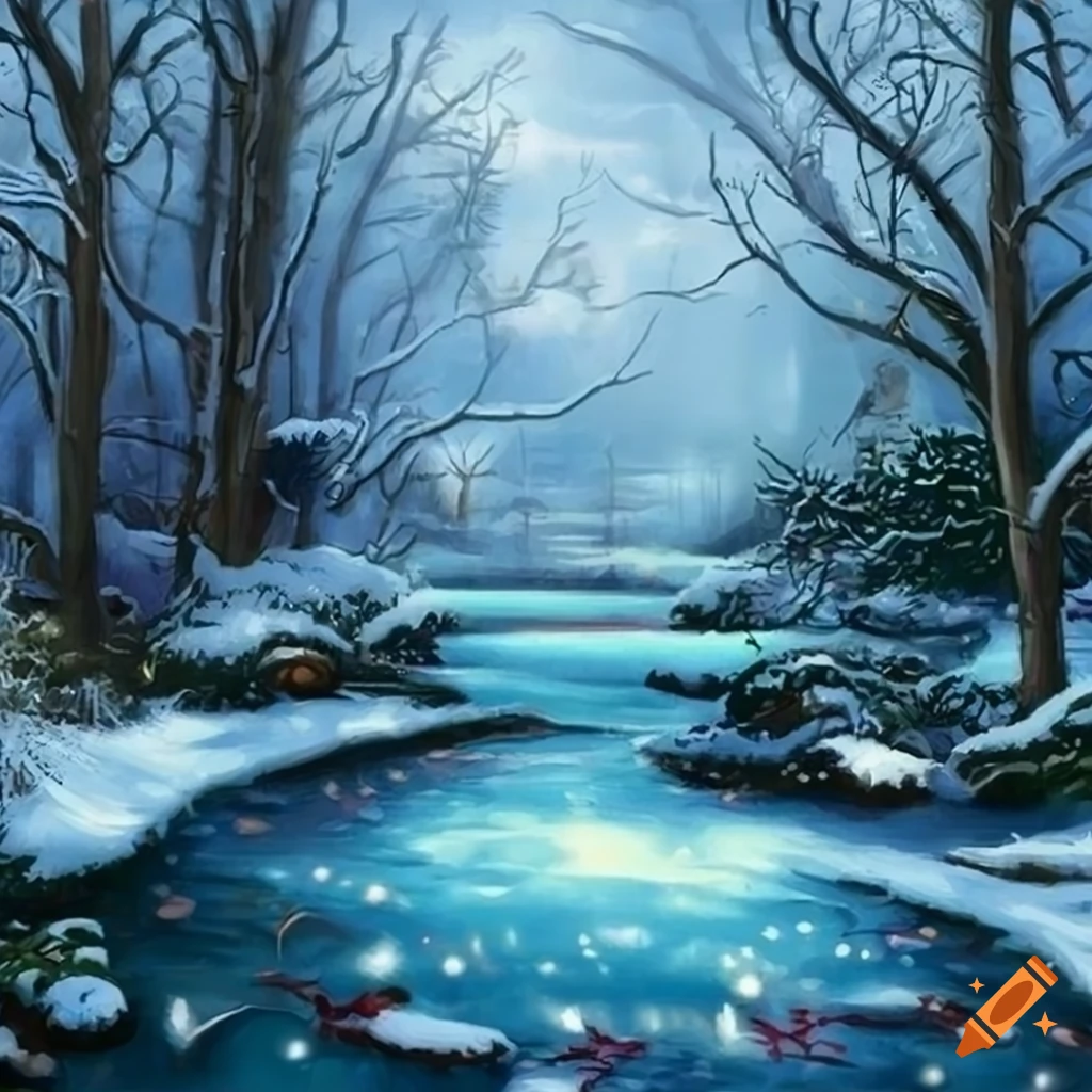 Whimsical winter wonderland with a fantasy forest, a small brook, and a ...