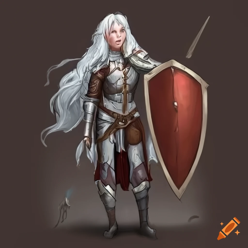 Elf cleric in shining plate armor with a large tower shield on Craiyon