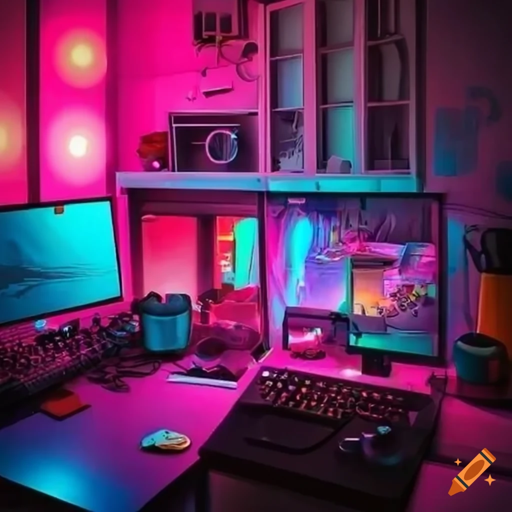 Messy gaming room with colorful lights and food on desk on Craiyon