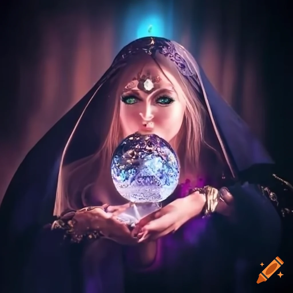 Enchanting fortune teller with a crystal ball setup on Craiyon