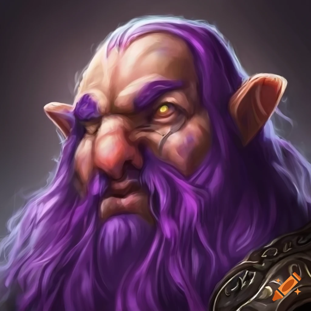 Fantasy portrait of a dwarf with purple runes and white-out eyes on Craiyon