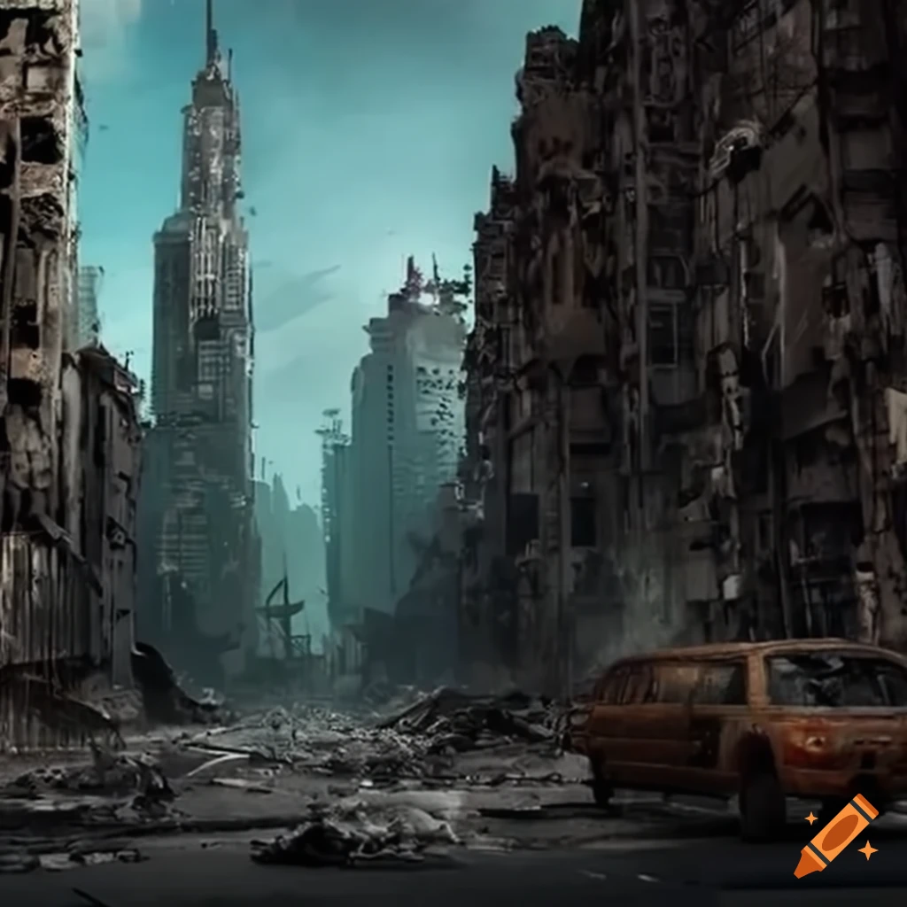 Post-apocalyptic ruined city with crossroads street view on Craiyon