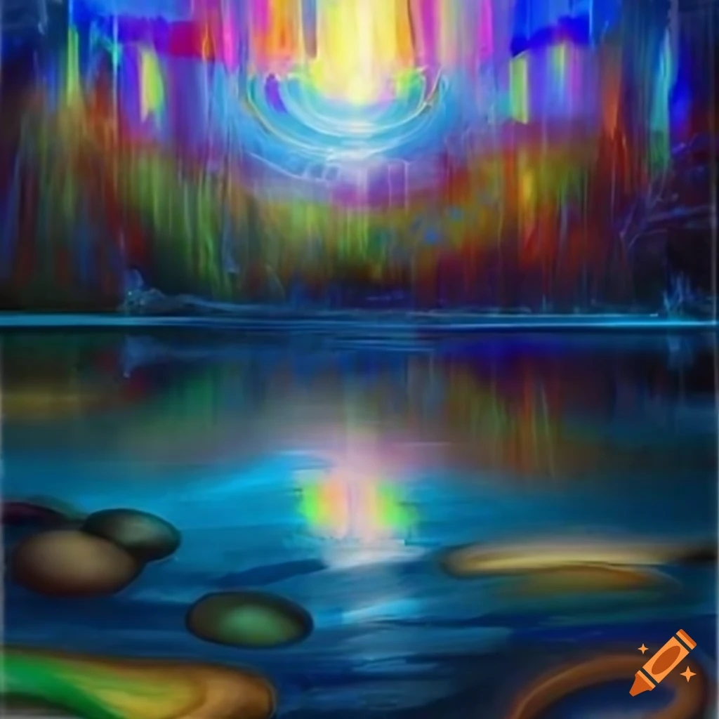 Special effect of god rays shining on a mountain lake creating a sense ...