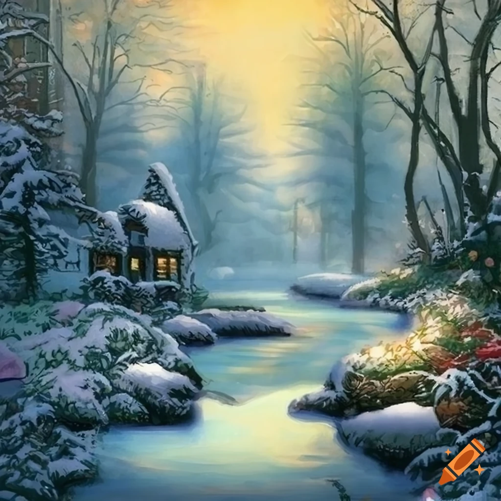 Whimsical winter wonderland with a fantasy forest, a small brook, and a ...