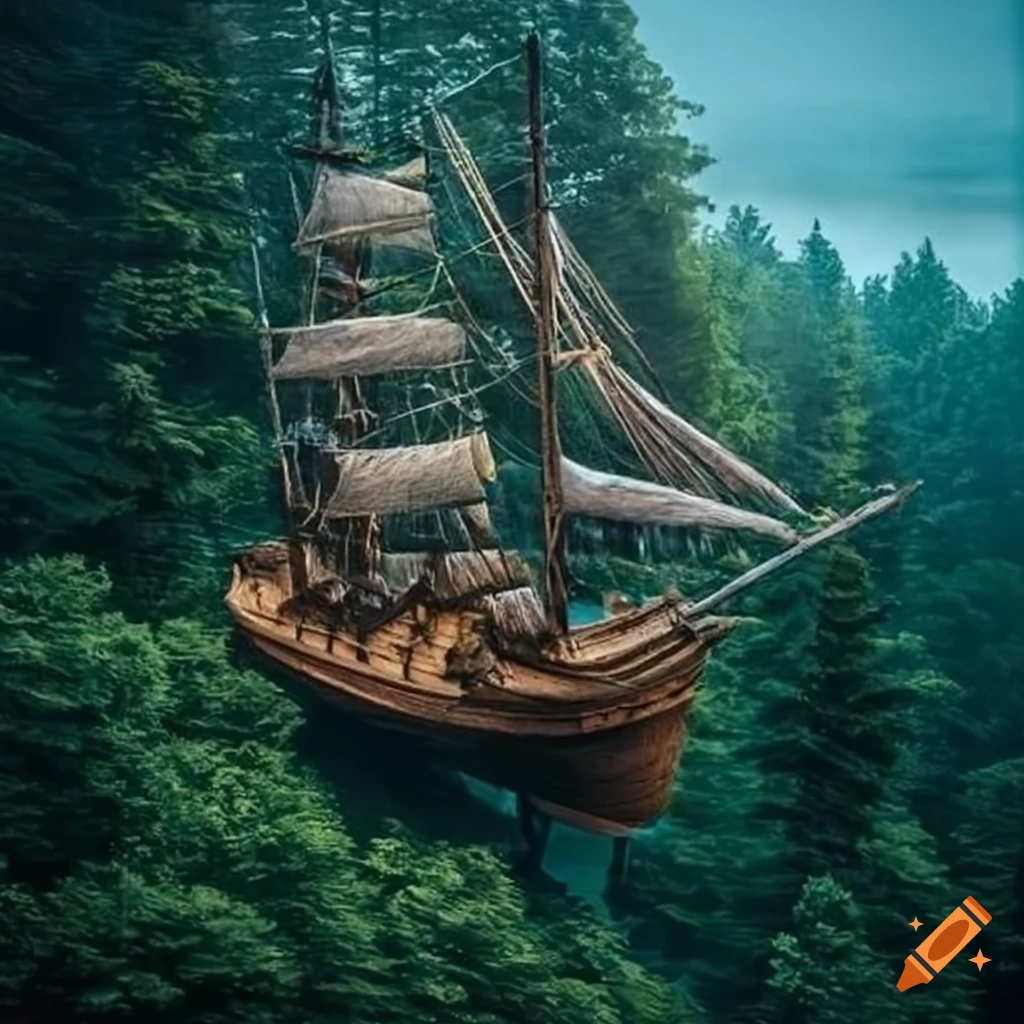 Wooden ship sailing through the treetops on Craiyon