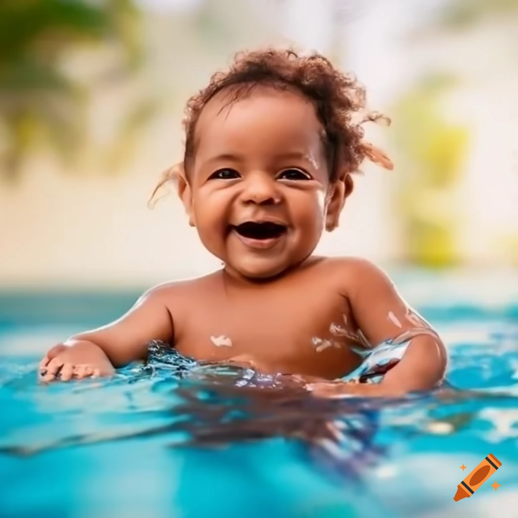 Smiling rasta baby enjoying a gentle pool dip on Craiyon