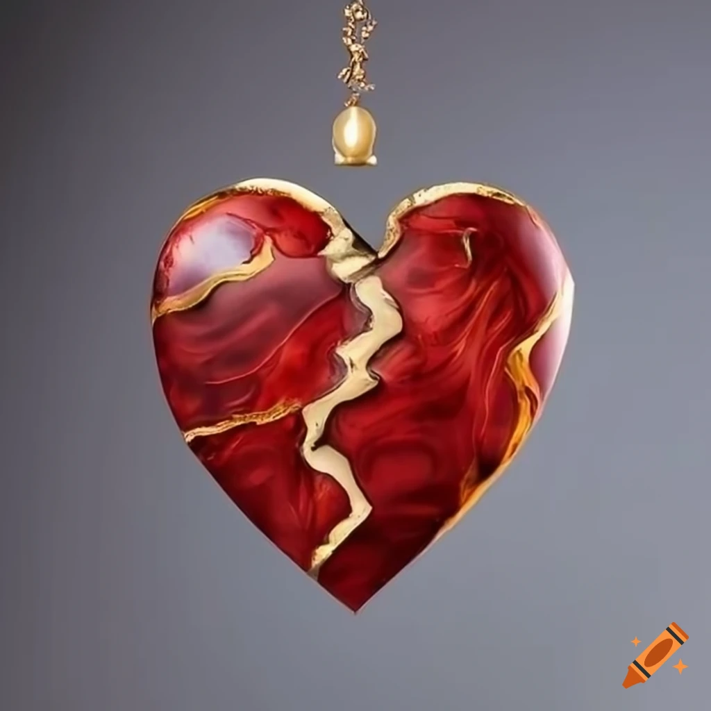 Delicate red broken heart repaired with intricate kintsugi gold art on ...