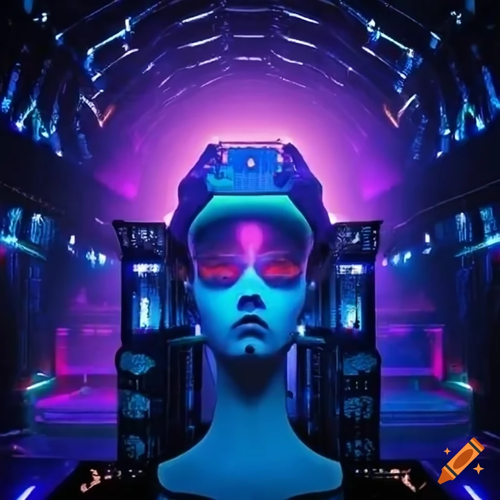 First room of the cyberpunk memory palace with retro-futuristic walls ...