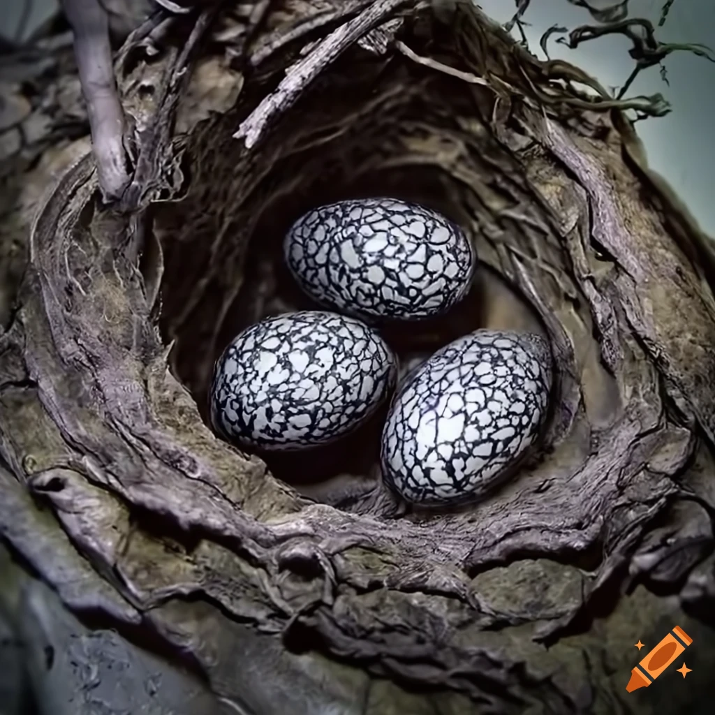 Realistic jet black dragon eggs with white spots in a nest of leaves and rocks on Craiyon