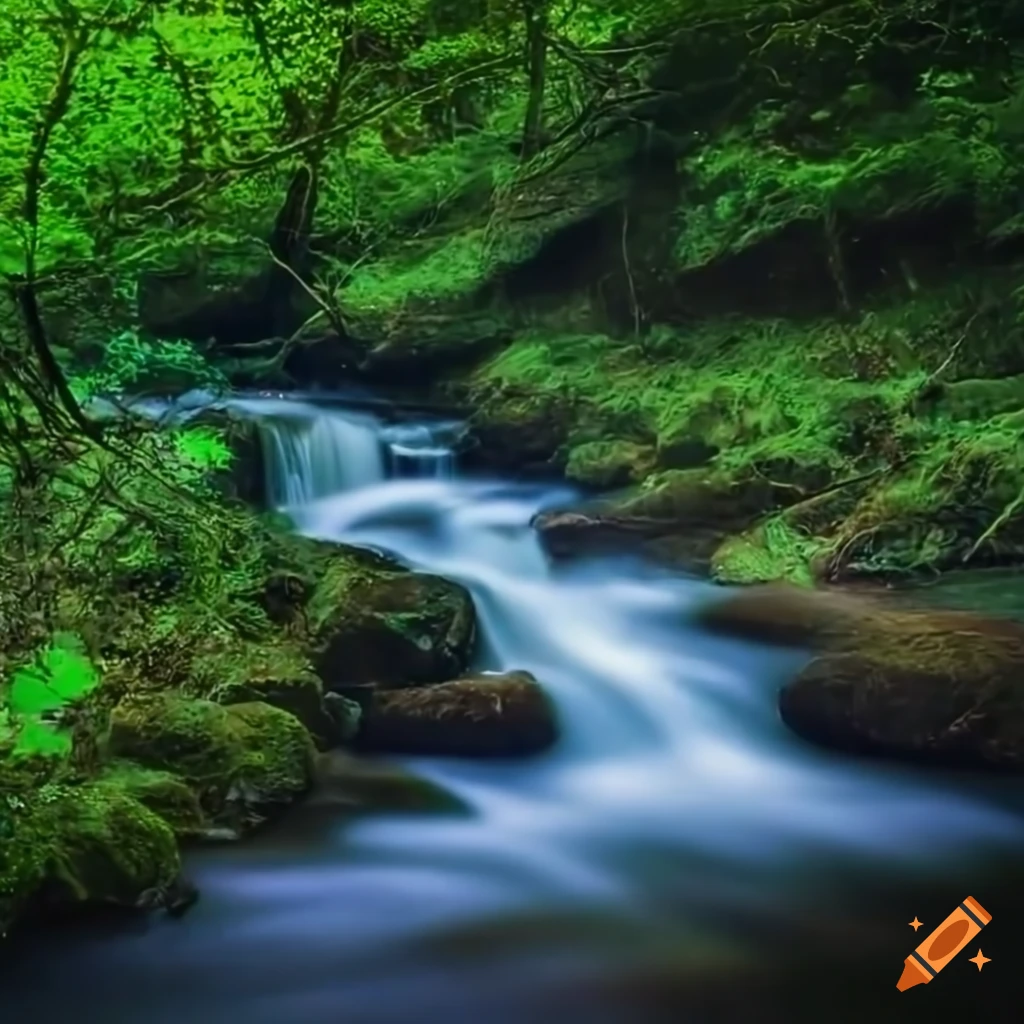 Magical babbling brook with cascading waterfalls under a moonlit evening on Craiyon