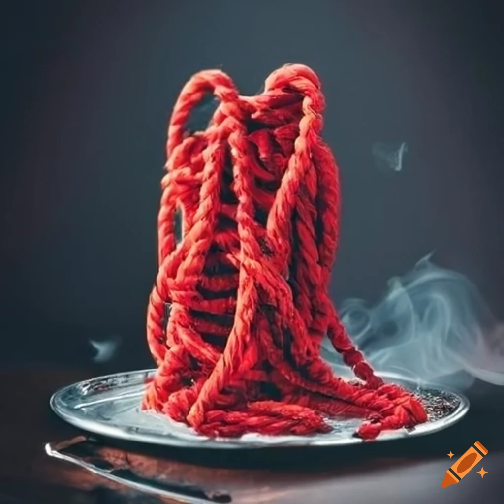 Bundle of red rope in an aluminum tray on Craiyon