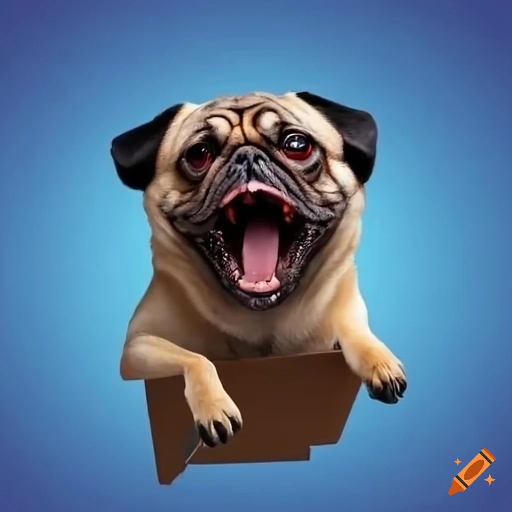Vicious open mouth pug jumping out of a box on Craiyon