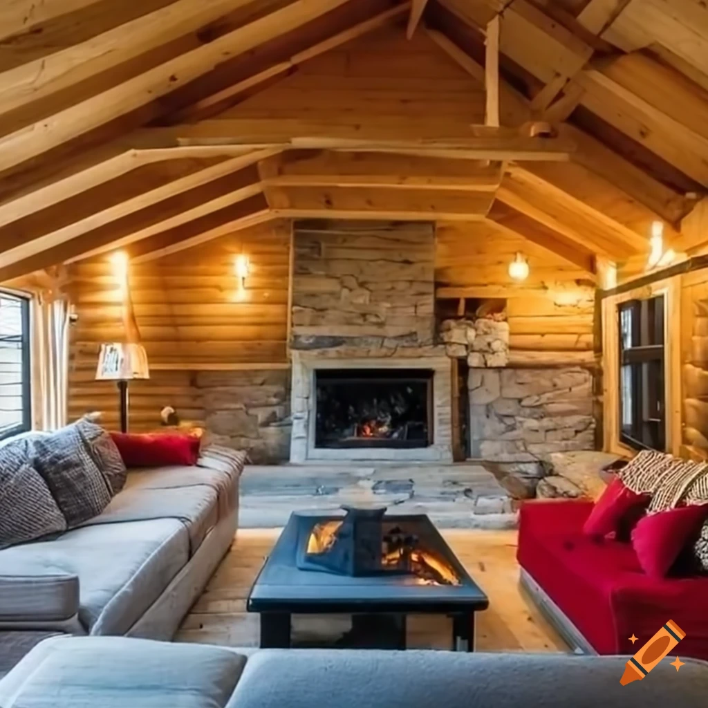 Cozy mountain cabin interior with roaring fireplace on Craiyon