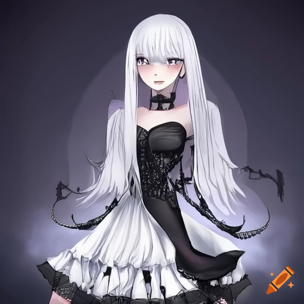 Goth anime woman in white dress and black boots on Craiyon