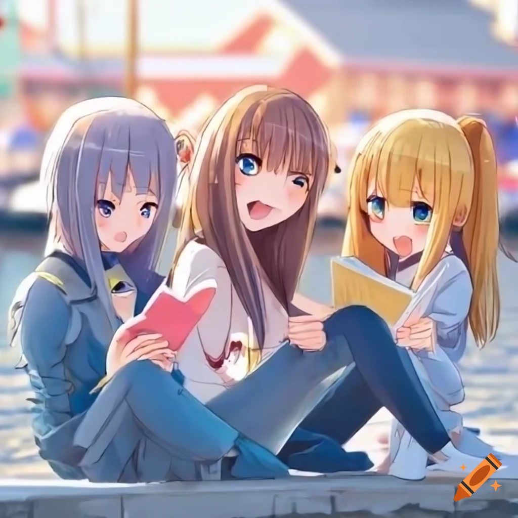 Cheerful anime girls reading books at a crowded harbor quay on Craiyon