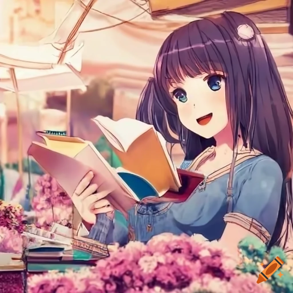 Cheerful anime girls reading books at an outdoor market surrounded by ...