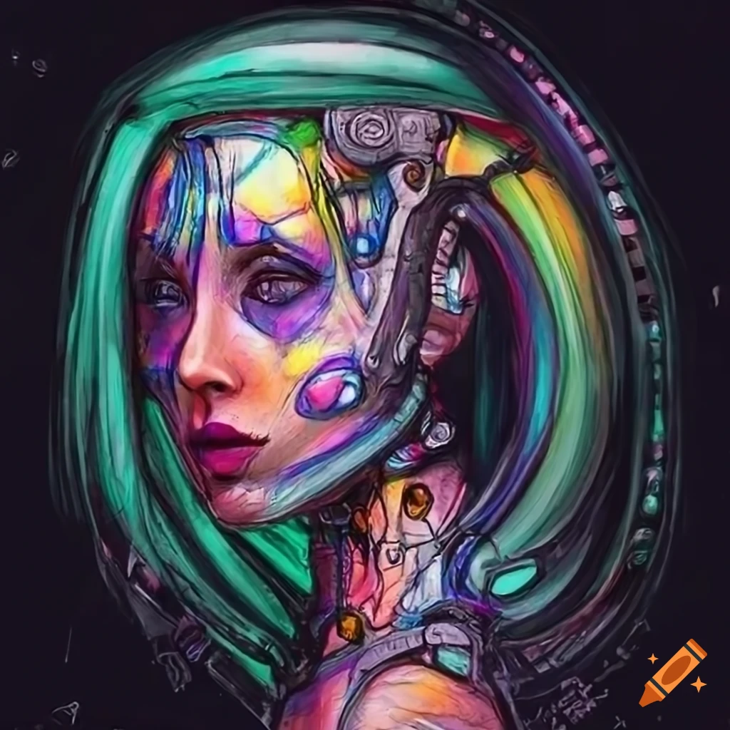 Female cyborg goddess in a dark cyberpunk cityscape on Craiyon