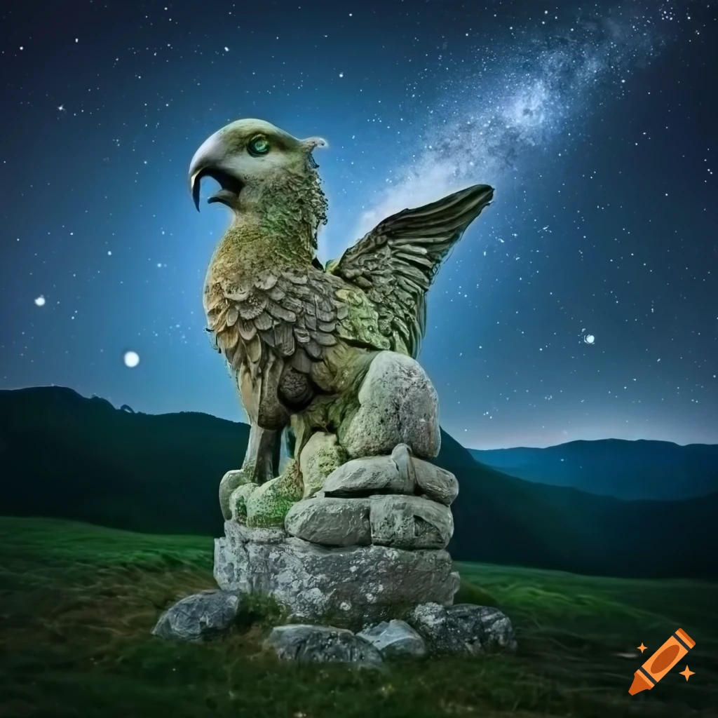 Ivy-covered stone gryphon sculpture in a valley at night with moon and ...