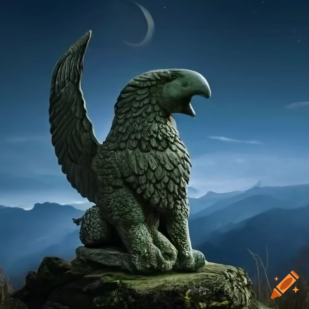 Ivy-covered stone gryphon sculpture in a valley at night with moon and ...
