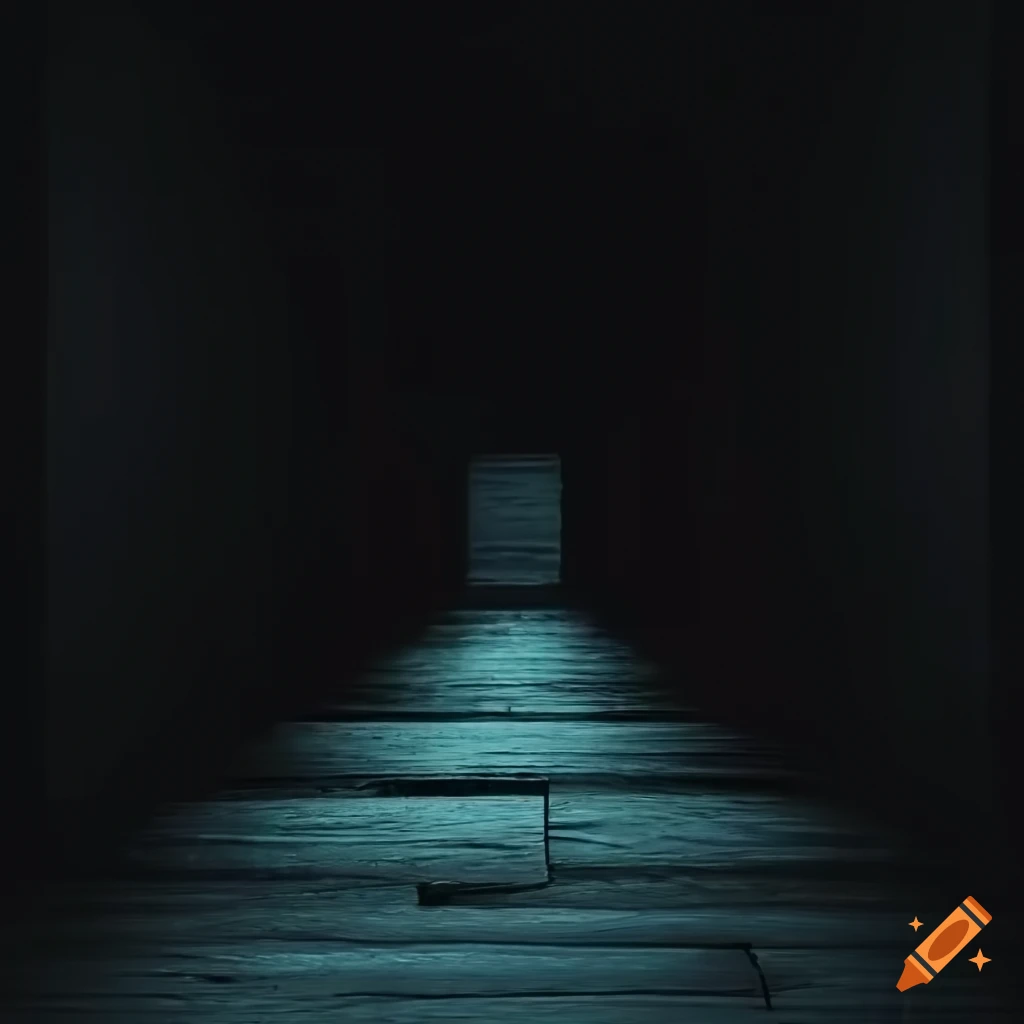 Dark liminal space with wooden pathway lit dimly on Craiyon