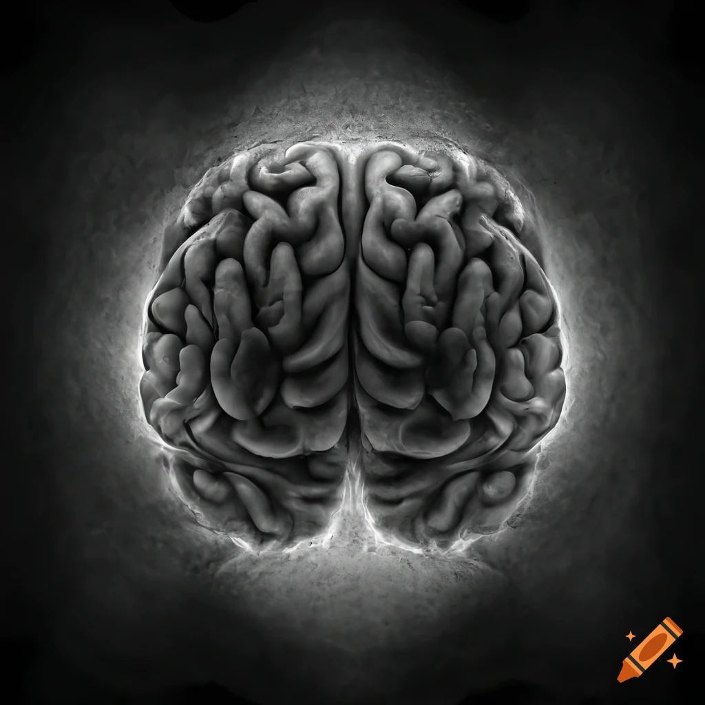 Abstract black and white representation of a brain with swirling fungus ...