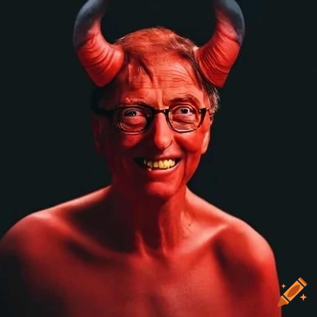 Mischevious red devil depiction of bill gates with horns and wicked ...