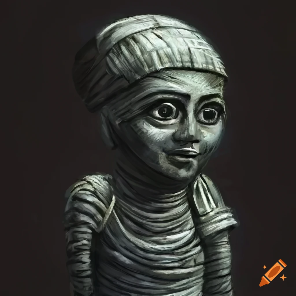 Happy Egyptian mummy child with arms raised in full body charcoal ...