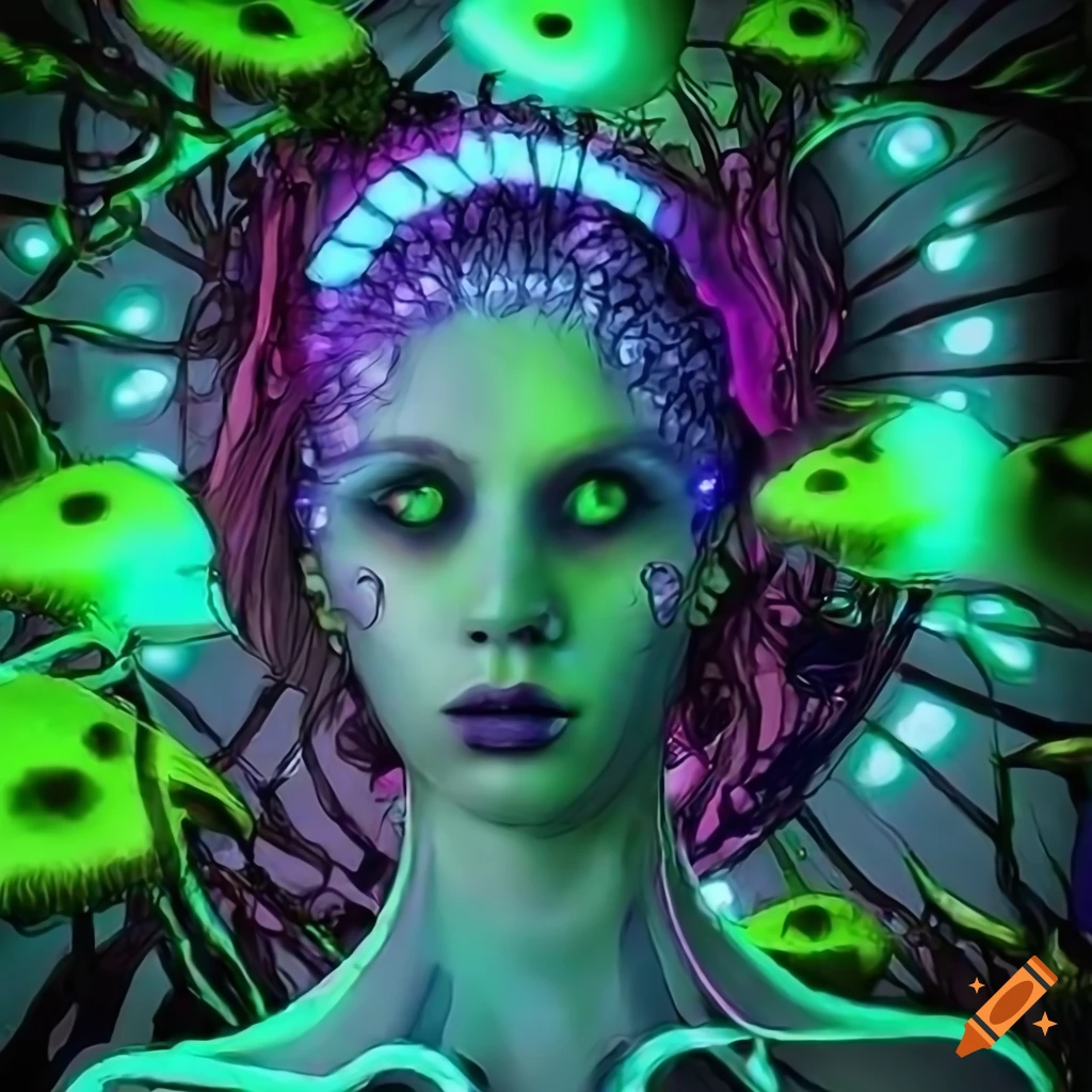 Glowing biopunk cityscape with mythical creature goddesses and ...