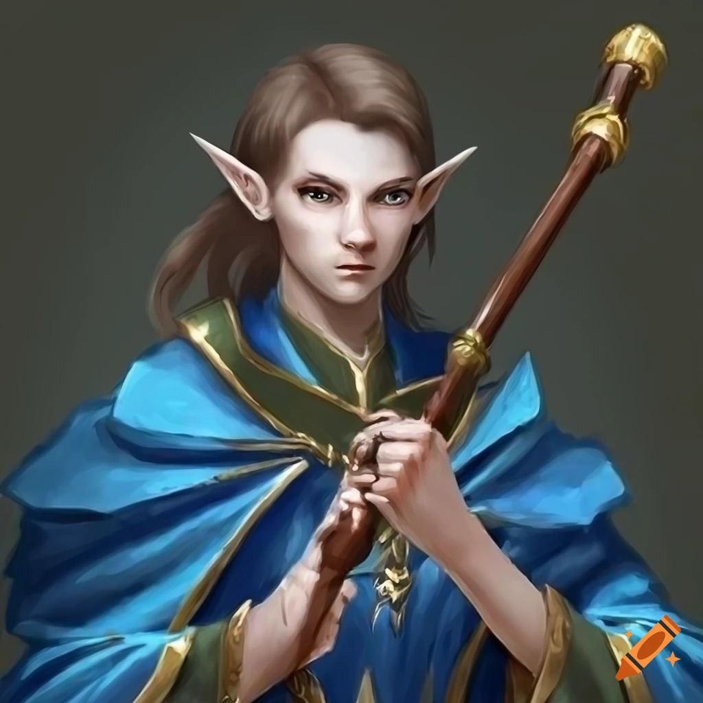 Elf mage with brown hair in royal blue robes holding a glowing emerald ...