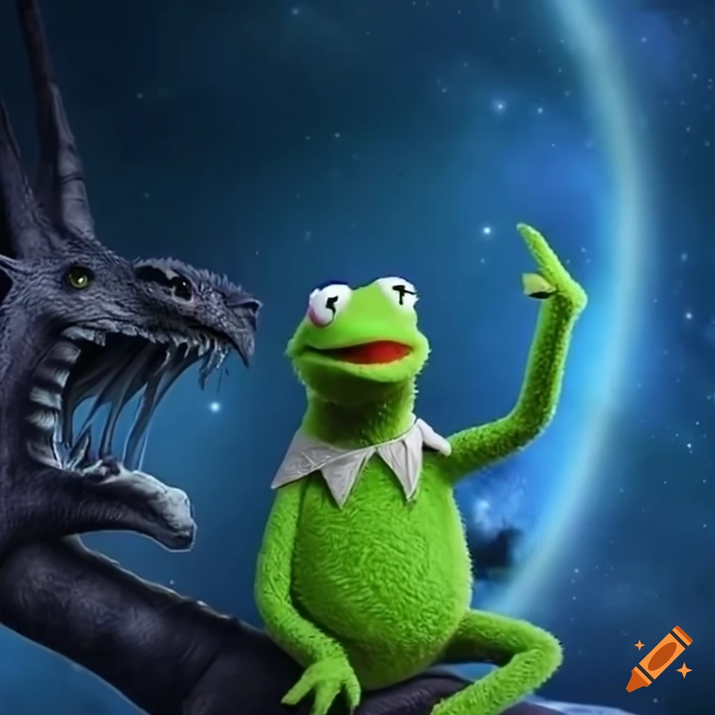 Kermit the frog riding a dragon through space on Craiyon