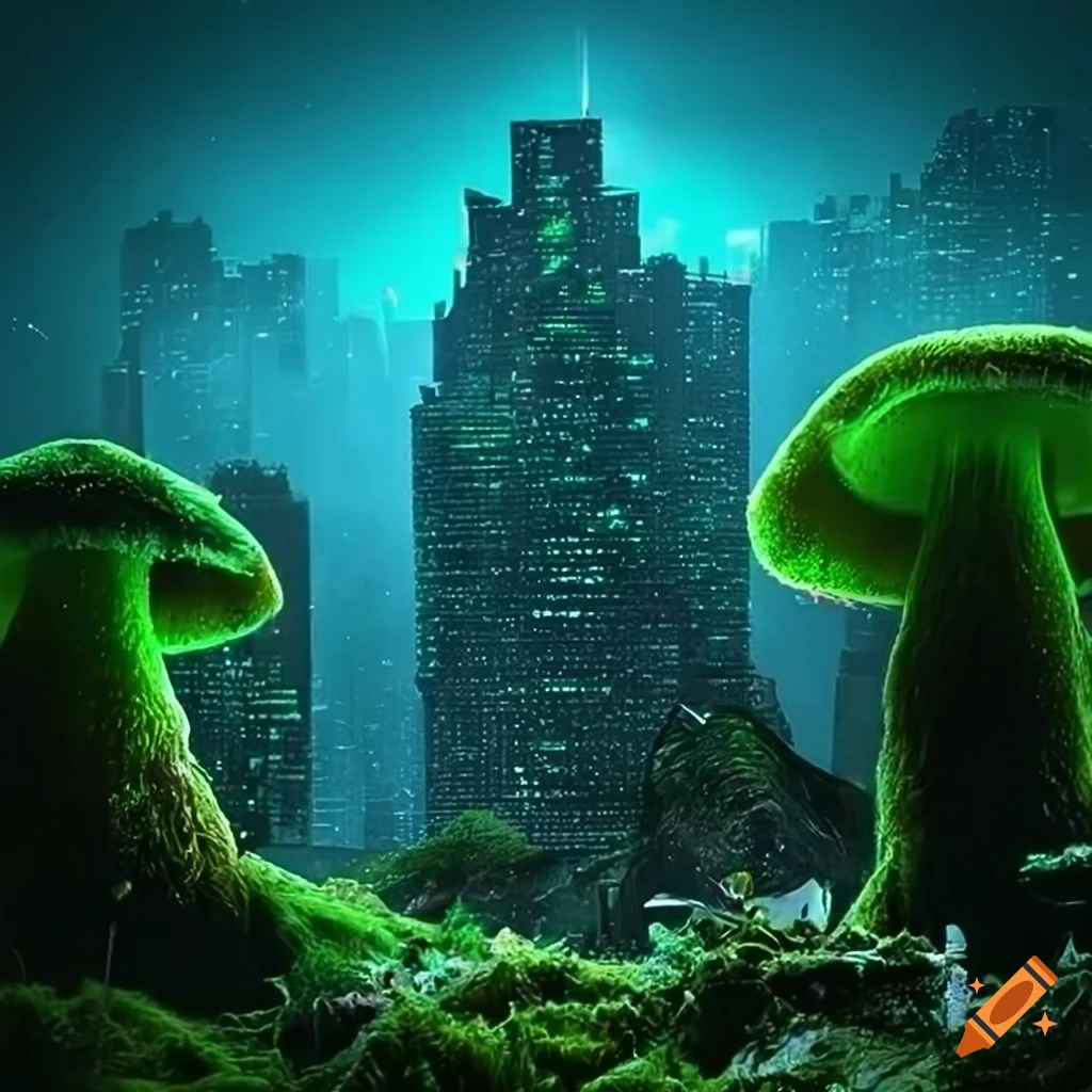 Glowing biopunk cityscape with green moss, plants, mushrooms, and ...