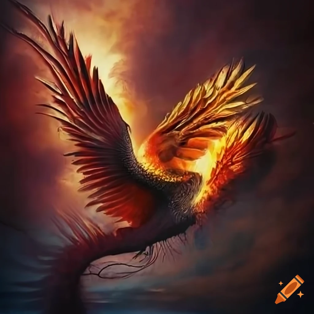 Mythological bird phoenix rising from ashes in modern art on Craiyon