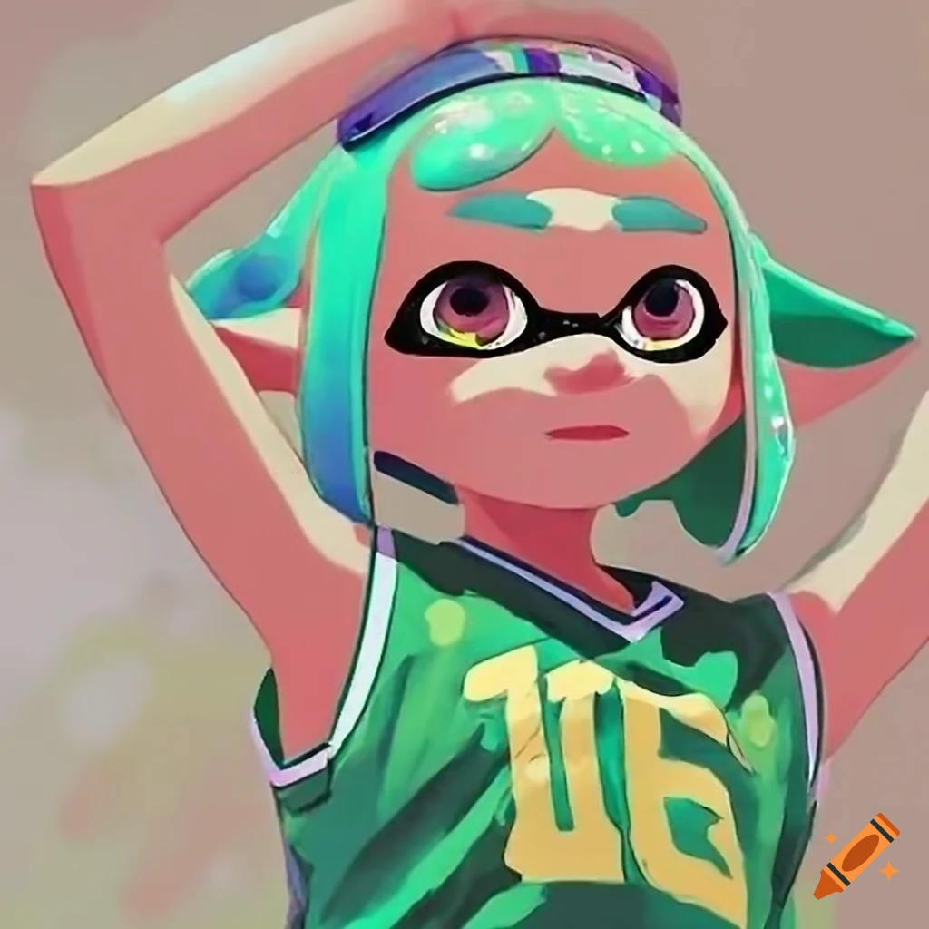Octoling girl from Splatoon wearing a dayglow green basketball jersey ...
