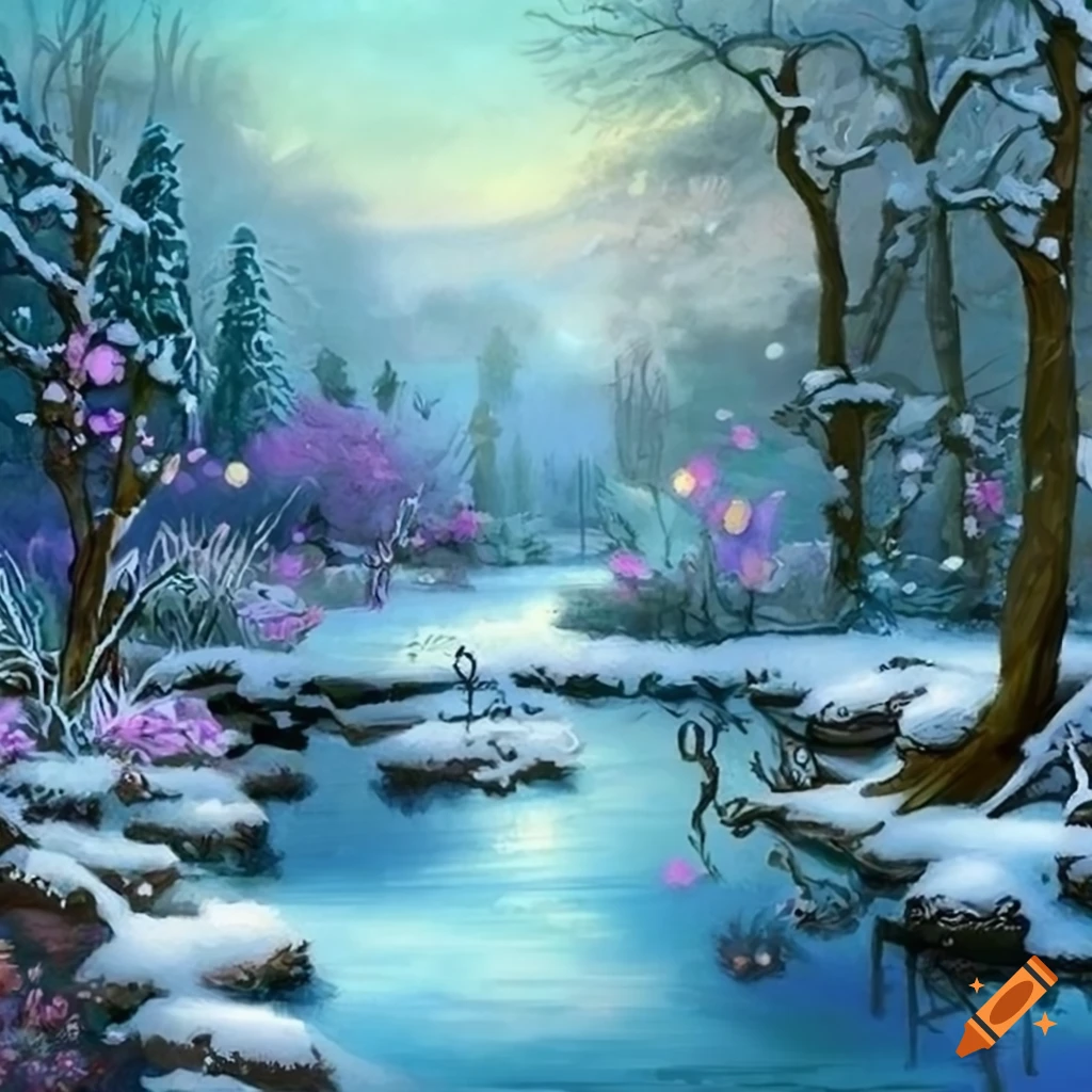 Whimsical winter wonderland with a fantasy forest, a small brook, and a ...
