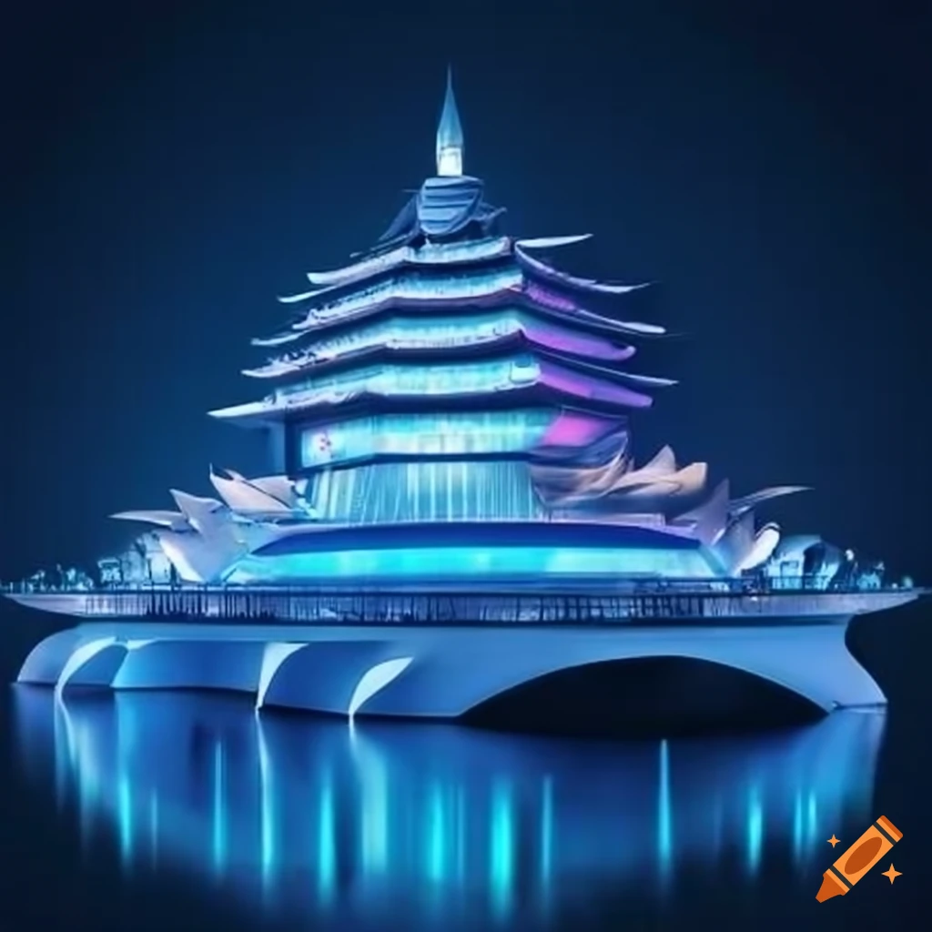 Futuristic asian-inspired architecture with glowing accents on Craiyon