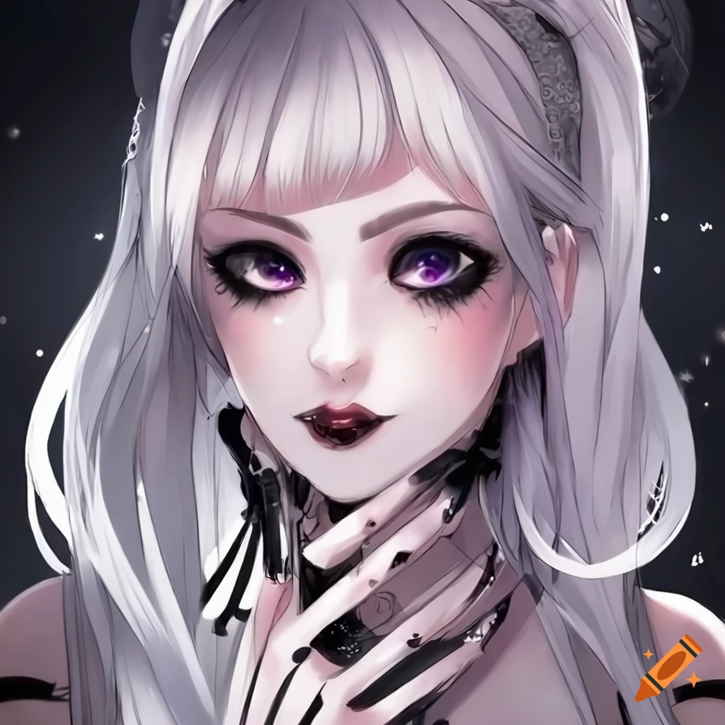 Goth anime woman in white dress and black boots on Craiyon