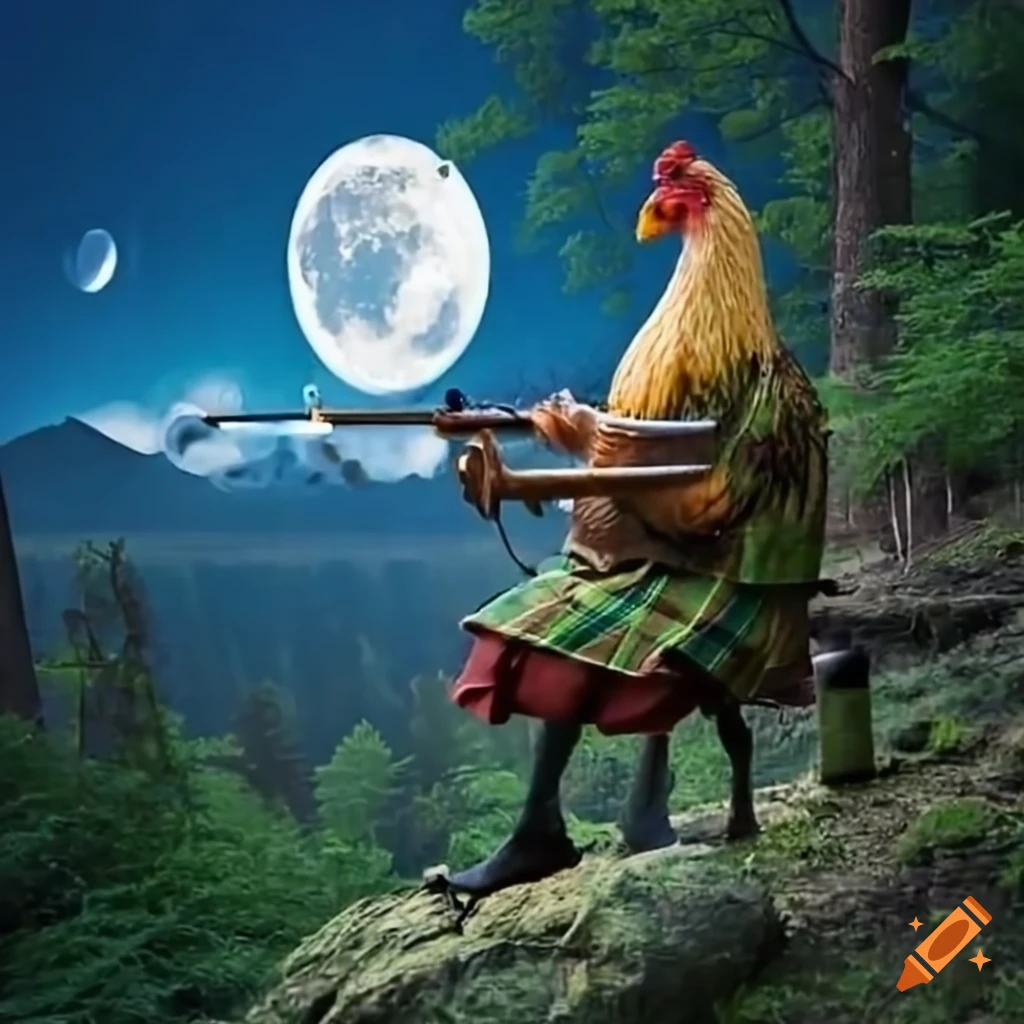 Chicken in kilt smoking a cigarette in a forest with moon and mountains ...