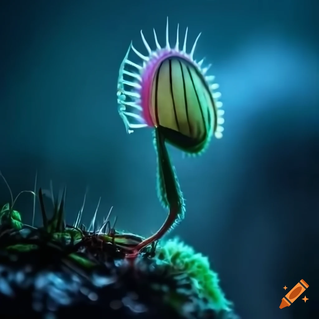 Glowing biopunk Venus flytrap creature in a moss-covered cityscape on Craiyon