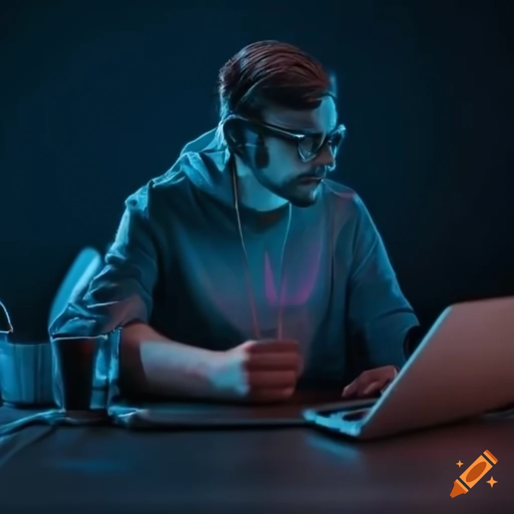 Web developer sitting at a table on Craiyon
