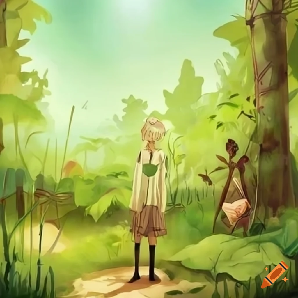 Plants used as clothing and shelter in a useful scene on Craiyon