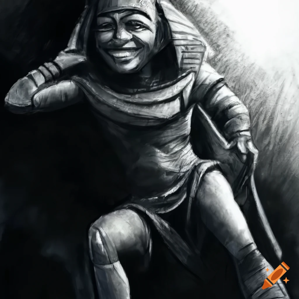 Happy egyptian mummy child with arms raised in full body charcoal ...